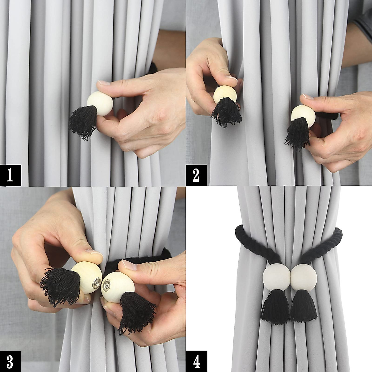 Porlau 2 Pack Black Magnetic Curtain Tiebacks Cotton Hand Woven Tieback Holdback Decorative Tie Backs for Drapes with Wooden Buckle No Tools Required