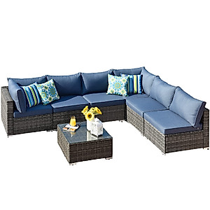 XIZZI Patio Furniture Outdoor Sectional Sofa 7 Piece All Weather PE Rattan Wicker Conversation Sets with Coffee Table for Backyard Deck Garden,Denim Blue