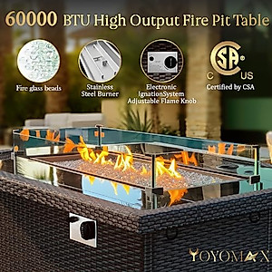 Yoyomax 44-Inch Black Glass Top Firepit Table 60,000 BTU Flame, Hand Weave Rattan, Aluminum Frame, Wind Guard, Waterproof Cover & Fire Beads, Outdoor Fire Table for Patio, Garden, Resto Hotel