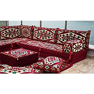 Maroon Floor Cushions, L Shaped Arabic Seating Sofas, Balcony Terrace Sofas, Washable Cushion Covers, Traditional Floor Couch, Arabic Majlis, Futon Sofa Bed (L Sofa Full Set)