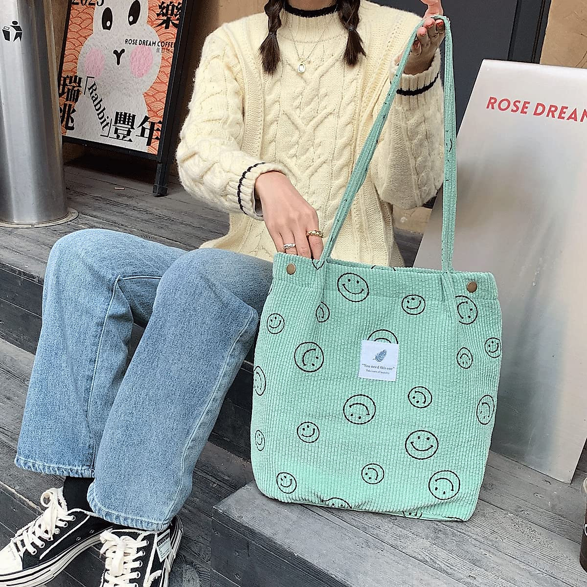 JARKJARD Corduroy Tote Bag Aesthetic Cute Tote Bags Large School Shoulder Bags for Teen Girls Trendy Stuff(Green)