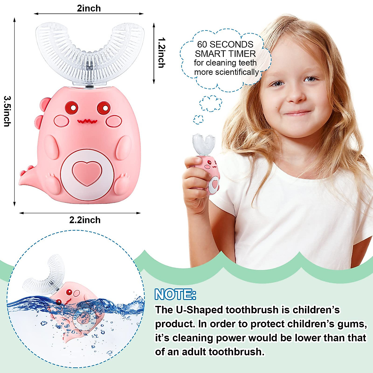 CHENGU 2 Pieces Kids U Shaped Toothbrush Whole Mouth Toothbrush Ultrasonic Silicone Toothbrush 360 Degrees Automatic Waterproof Toothbrush with 3 Modes for Kids Toddler, 2 to 6 Years(Dinosaur Style)