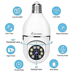 Kureex Light Bulb Camera, 3.0MP Wireless 2.4 GHz WiFi Security Camera, Tuya App, 360° PTZ Night Vision, Human Motion Detection & Alarm