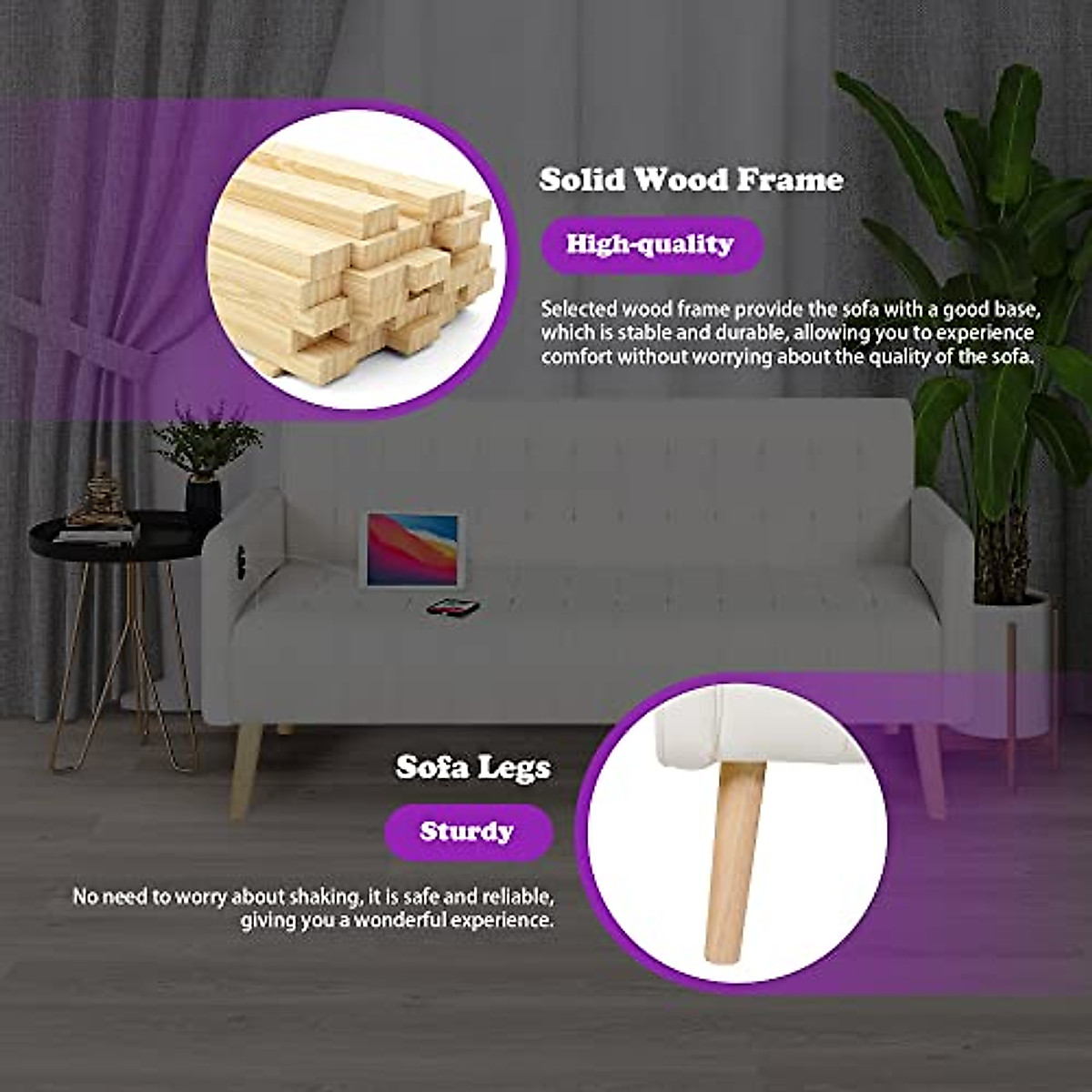 TYBOATLE 57“ W Mid-Century Striped PU Leather Loveseat Sofa w/ 2 USB Charging Ports, Modern Love Seats Couch w/Pillow for Small Space, Living Room, Office, Apartment, Dorm (White)