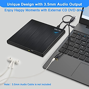 NOLYTH External CD Drive for Laptop, Slim CD Burner for Mac with 1 Audio 2 USB Ports, USB DVD Drive External Optical Disk Reader Player for PC Windows Desktop
