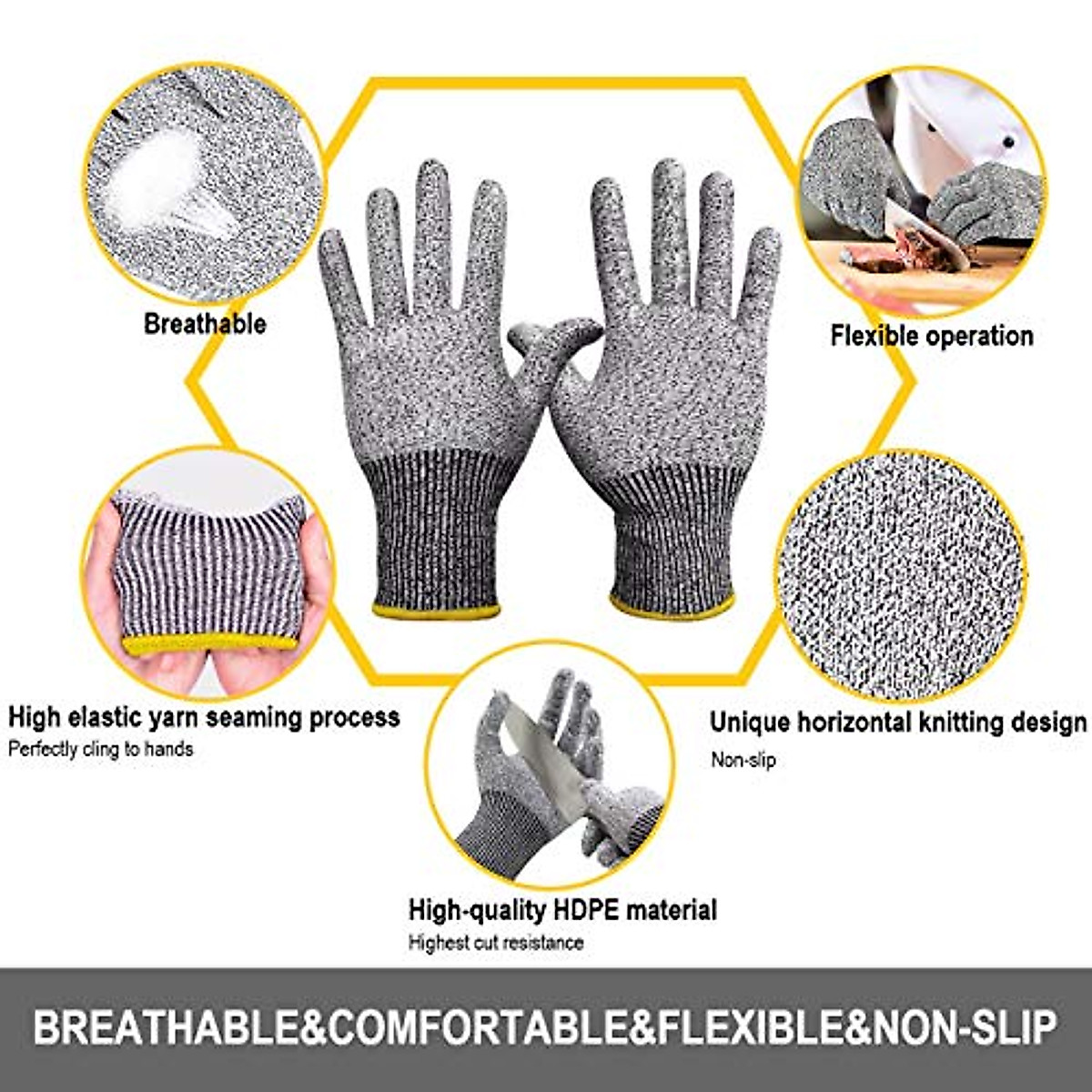 Cut Resistant Gloves Food Grade, Level 5 Protection Cut Proof Gloves, Work Kitchen Cutting Gloves for Oyster Shucking, Meat Cutting, Wood Carving and Fish Fillet Processing, 1 Pair (Small)