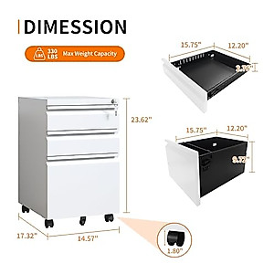 Yukimo 3 Drawer Mobile File Cabinet, Filing Cabinet Home Office for Letter, Legal Size, Fully Assembled Under Desk File Cabinet, White