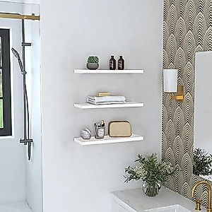 SENYAN White Floating Wall Shelves Set of 3 Wall Mounted Wood White Shelf Modern Storage Floating Wall Shelf Set with Invisible Brackets for Bathroom, Bedroom, Living Room, Kitchen, Office