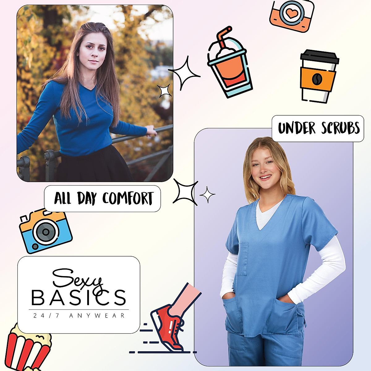 Sexy Basics Women's Cotton Stretch Long Sleeve V- Neck Athletic Tops | Casual & Active Color T Shirts | Multi Packs