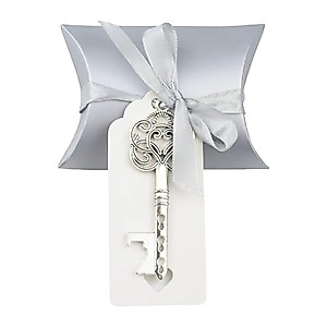 Aokbean 50pcs Vintage Skeleton Key Bottle Openers Wedding Favor Souvenir Gift Set Pillow Candy Box Escort Thank You Tag French Ribbon (Antique Silver)