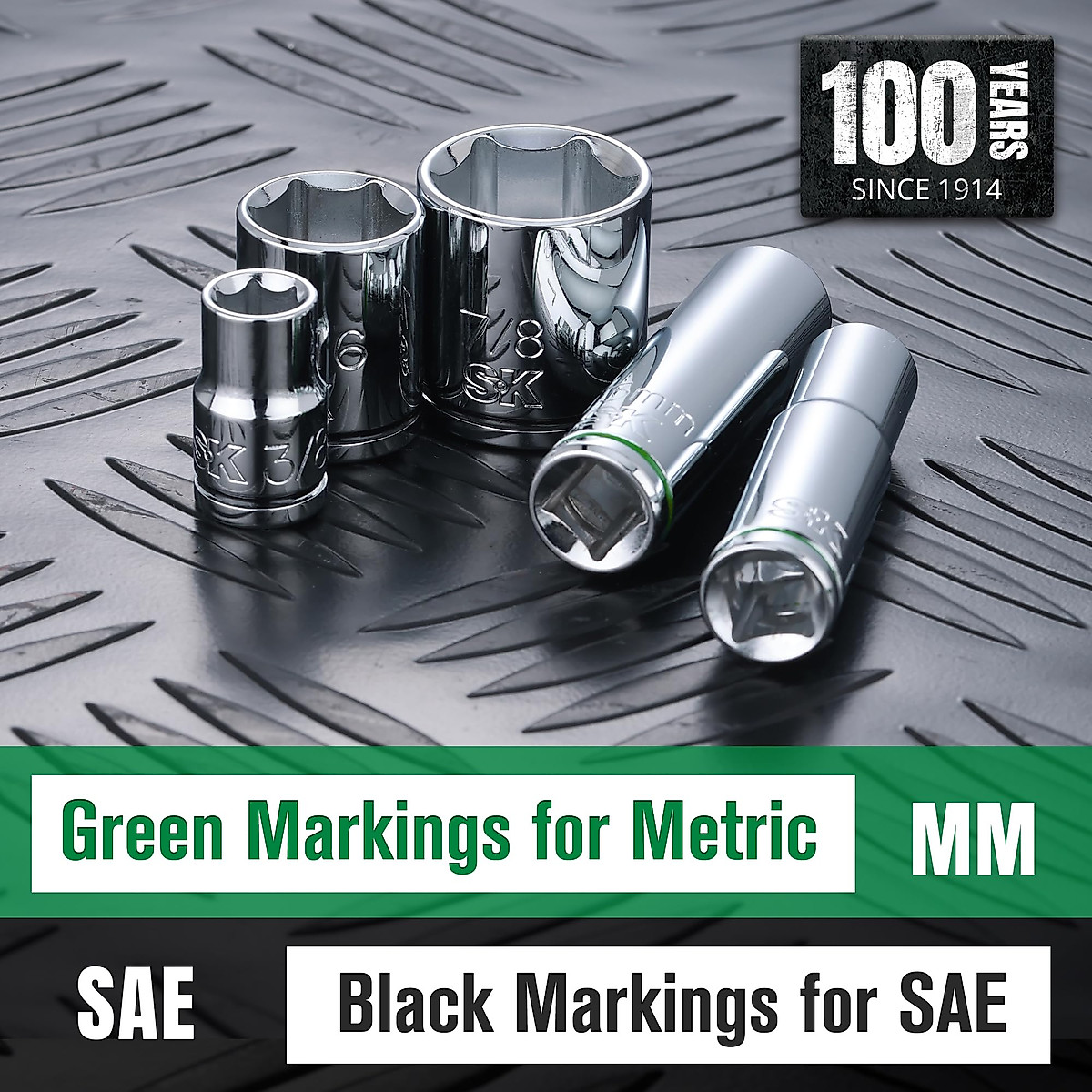 SK 3/8" Drive Socket Set, SAE Sockets, 13-Piece, 1/4" to 1", SuperKrome Finish, Premium CR-V Construction, with Aluminum Socket Organizer