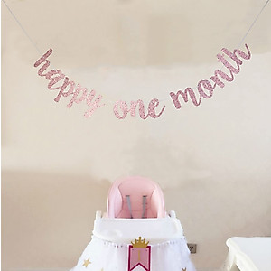 Starsgarden Glittery Rose Gold Happy One Month Banner, Baby Boys/Girls' 1 Months/Half Year Birthday, Baby Shower Party Gold Gliter Paper Sign(Rose Gold One Month)