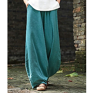 IXIMO Women's Casual Cotton Linen Baggy Pants with Elastic Waist Relax Fit Lantern Trousers (Blue, XX-Large)