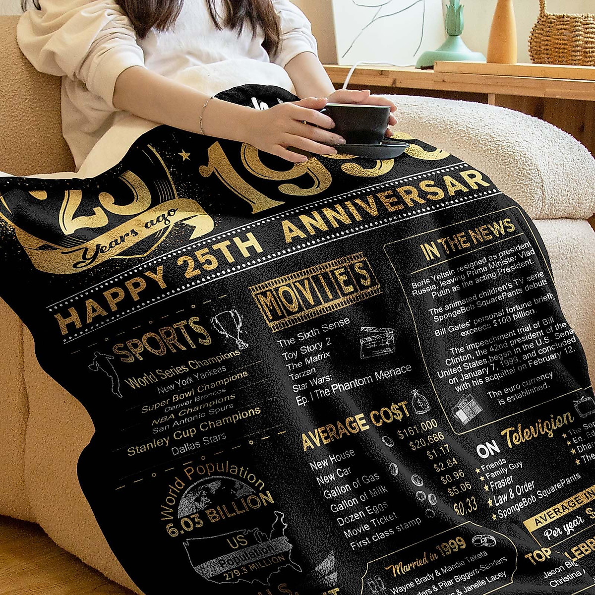 Yomaisky 25th Anniversary Blanket Gifts Gift for 25th Silver Wedding Anniversary 25 Years of Marriage Gifts for Mom Wife Dad Husband Friends Grandparents Throw Blankets 60Lx50W Inch Gold