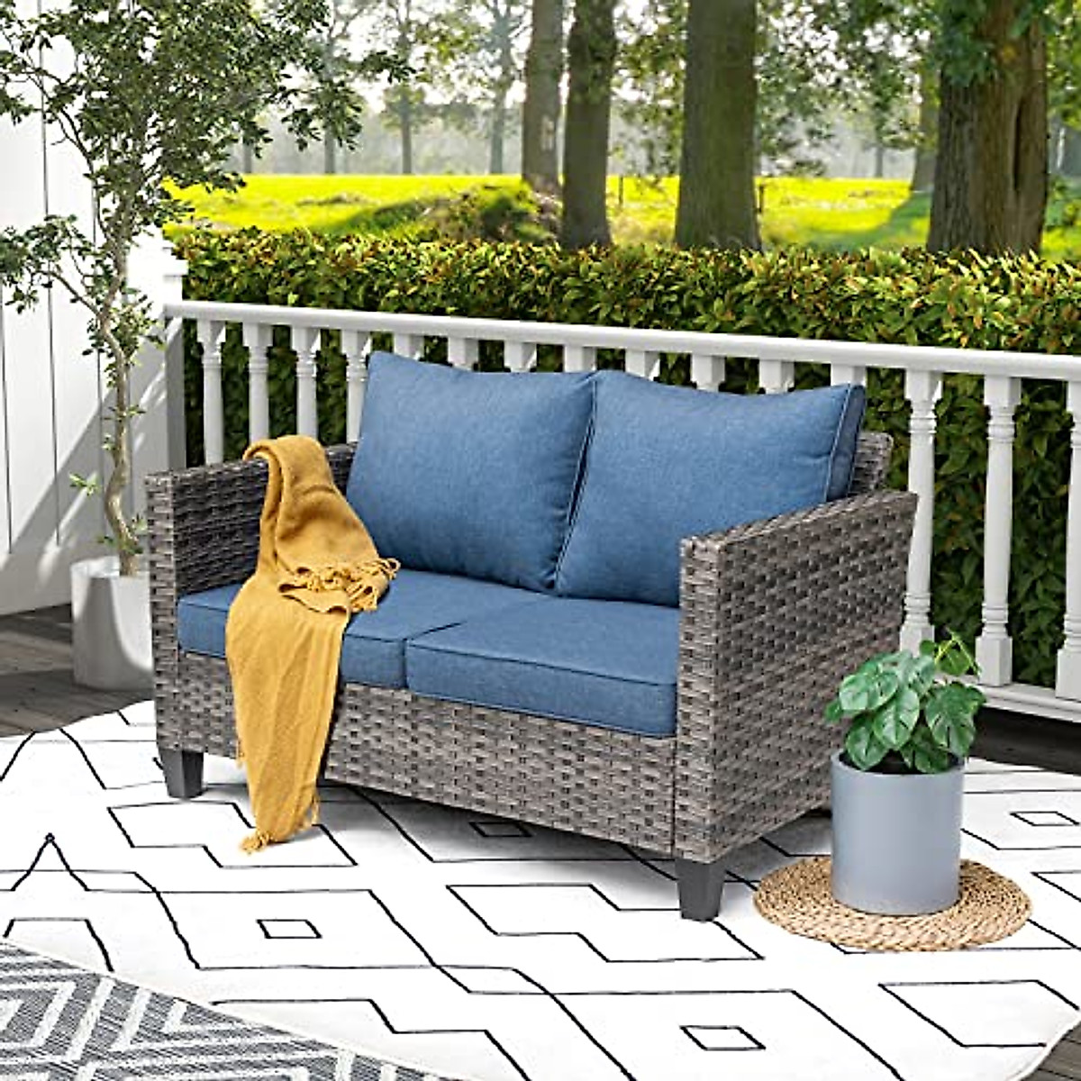 ovios Patio Sofa Outdoor Furniture Modern Wicker Sofa All Weather Garden Loveseat Couch Porch Sofa for Yard, Backyard (Denim Blue)