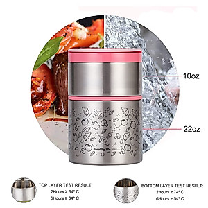 Lille Home Vacuum Insulated Stackable Stainless Steel Thermal Lunch/Snack box, 2-Tier Bento/Food Container with Lunch bag, Smart Diet, Weight Control, 32 Ounces, Pink