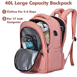 Lekakii Large Travel Backpack with Shoe Pouch, Waterproof Backpack for Traveling On Airplane, 40L Personal Item Travel Bag for Men Women Pink