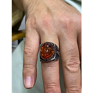 Mens Handmade Ring, Amber Stone Ring, Honey Amber Ottoman Mens Ring, Natural Stone, Men Ring, Gift for Him, 925k Sterling Silver Ring