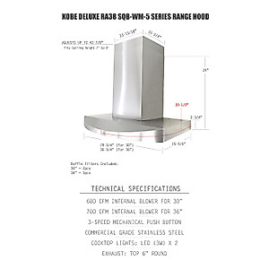 KOBE RA3836SQB-WM-5 Deluxe 36" Wall Mount Range Hood, 3-Speed, 700 CFM, LED Lights, Baffle Filters, Stainless steel