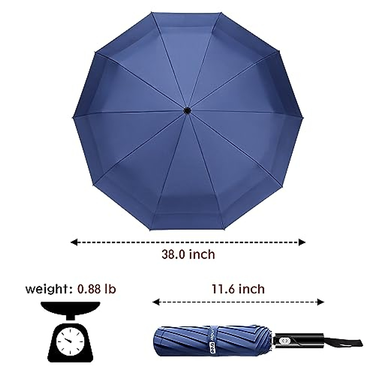 Umbrella Windproof Travel Umbrella,10-Ribs Wind Resistant Folding Umbrella,Lightweight, Compact, Portable, Automatic Umbrella,Anti-UV, Sun&Rain, Waterproof Umbrella,Backpack, Navy Blue, 42 Inch
