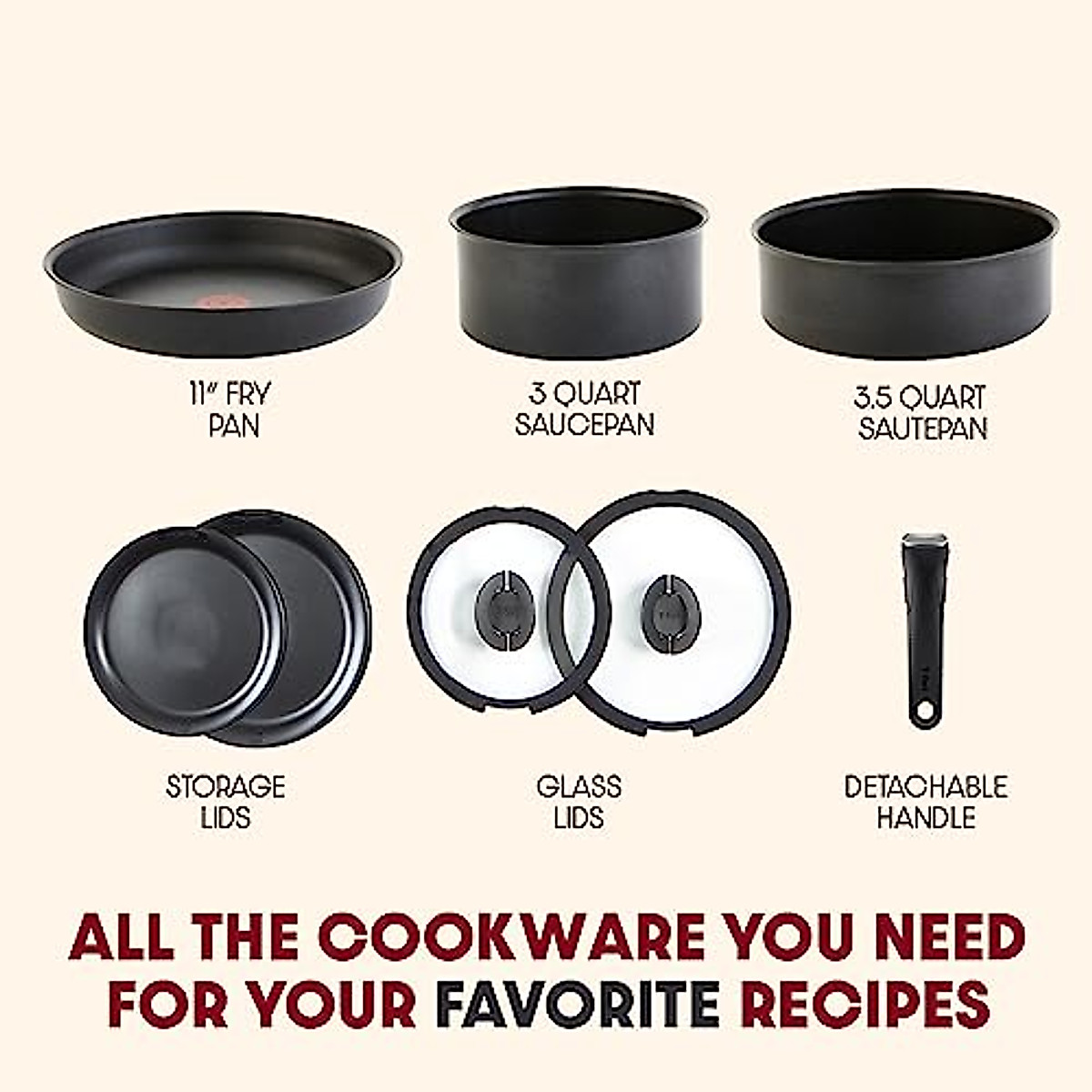 T-fal Ingenio Nonstick Cookware Set 8 Piece Induction Stackable, Detachable Handle, Removable Handle, RV Cookware, Cookware, Pots and Pans, Oven, Broil, Dishwasher Safe, Black