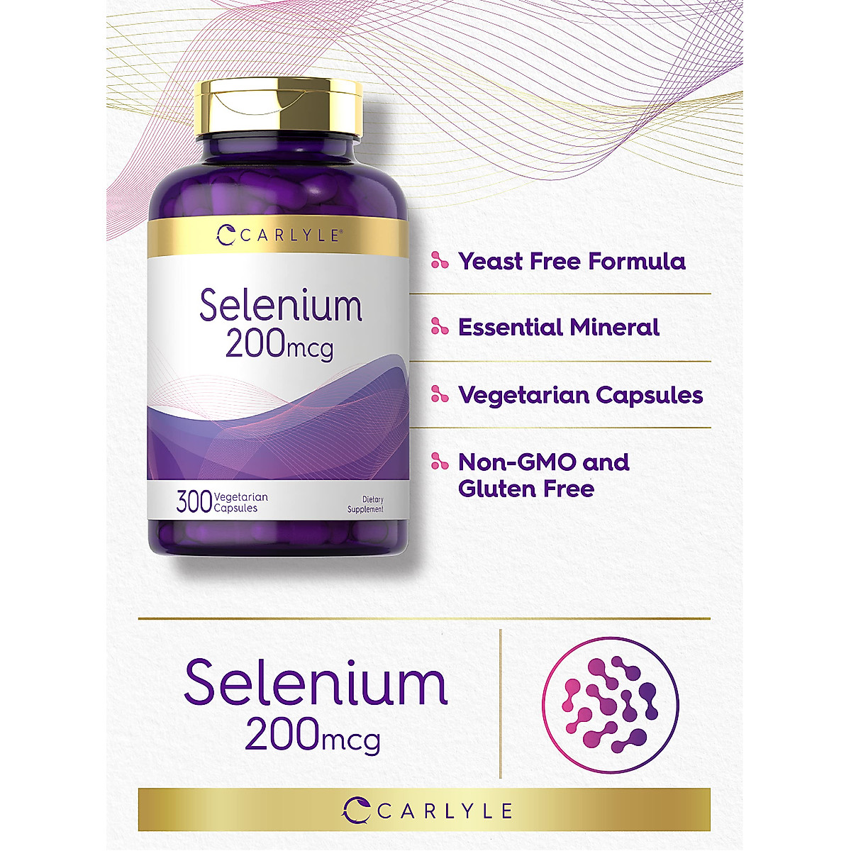 Yeast Free Selenium Supplement | 200mcg | 300 Capsules | Vegetarian, Non-GMO, and Gluten Free Mineral Formula | L-Selenomethionine | Value Size | by Carlyle