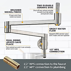 WOWOW Brass Pot Filler Faucet Kitchen Sink Pot Filler Faucets Wall Mount Folding Faucet Stretchable Double Joint Swing Arm Faucet (Brushed Nickel)