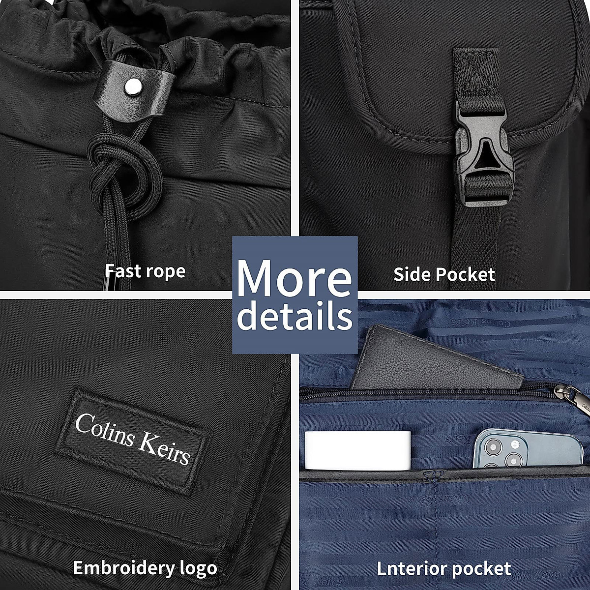 Colins Keirs Laptop Backpack 17 Inch. Drawstring Anti-theft Waterproof Tech Backpack with Laptop Compartment, Black 30L