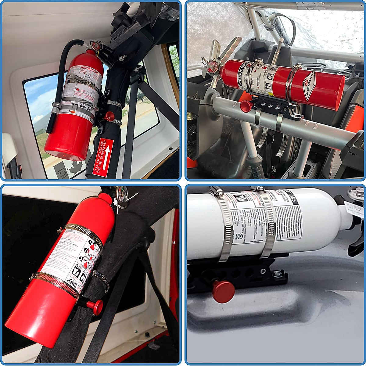 Adjustable Aluminum Fire Extinguisher Mount Holder with 4 Clamps Vehicle Fire Extinguisher Bracket for Wrangler TJ JK JL JKU UTV Polaris RZR Ranger (Black with Red Knob)