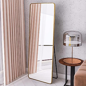 Cozybedin Square Rounded Corners Full Length Mirror Floor Mirror, Bedroom Mirror ，Dressing Mirror with Aluminum Alloy Frame，65" x 22" (Gold)