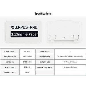waveshare 2.13 inch Passive NFC-Powered e-Paper,250×122 Pixel, No Battery Required No Messy Wiring Novel Passive NFC Tech Wireless Powering & Data Transfer APP Provided