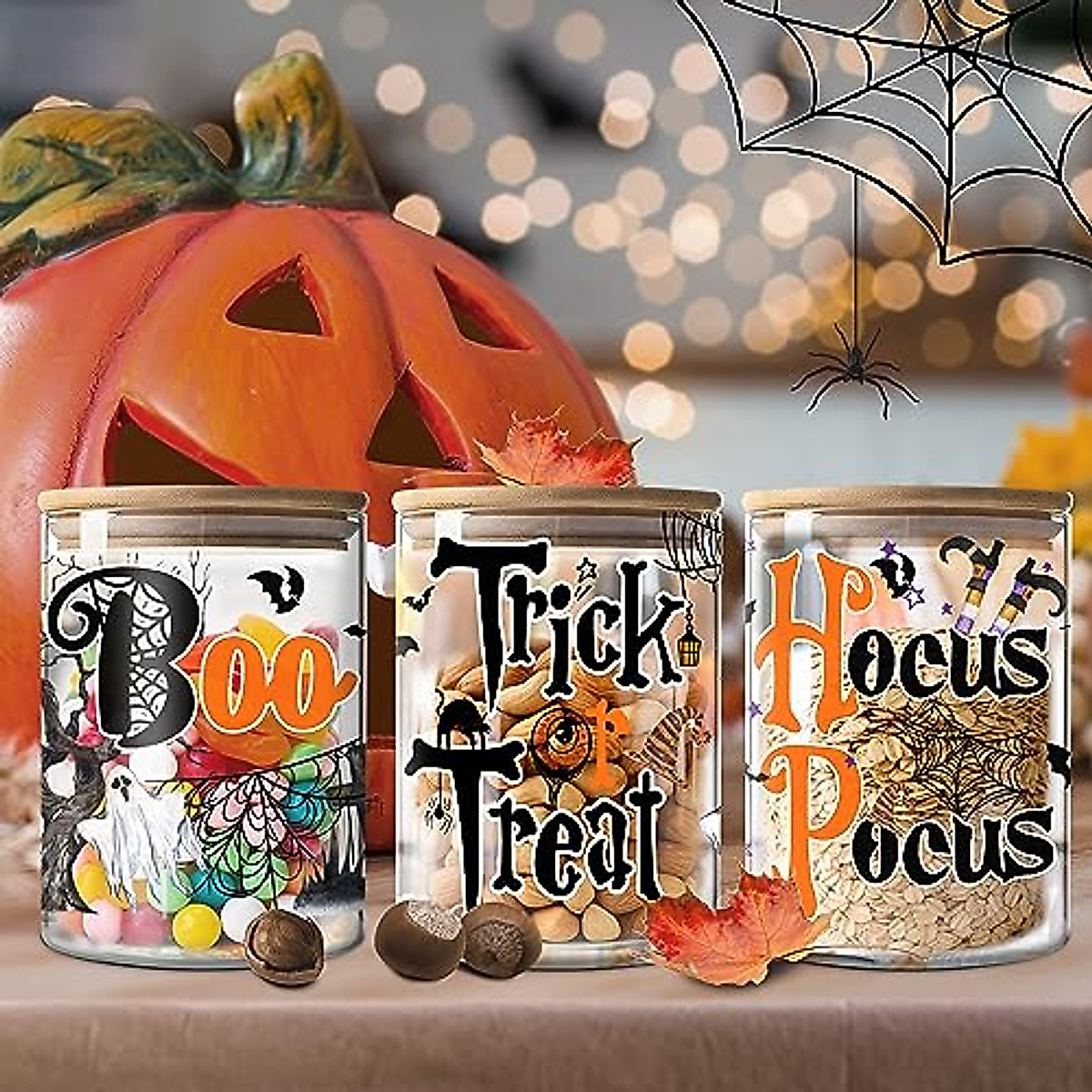 Halloween Decor 3 Pack Glass Storage Jars with Airtight Bamboo Lid - Hocus Pocus Canisters Sets for Kitchen Countertop - Clear Halloween Glass Storage Jars for Coffee Bean, Cookie, Candy, Tea, Flour