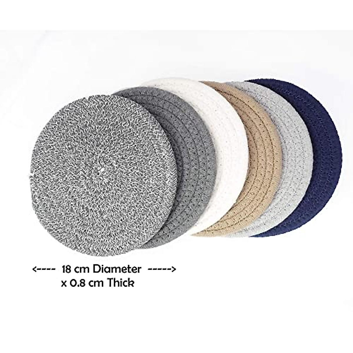 Set of 6 Trivets for Hot Pots and Pans and Pot Holders – 100% Pure Cotton 7” Round Mats, Hot Pads for Kitchens, Coasters, Placemats, Spoon Rest for Cooking and Baking