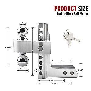 YIZBAP Aluminum Adjustable Trailer Hitch, Fits 2.5" Receiver, 8" Drop/Rise Drop Hitch, 18500 LBS GTW, Tow Hitch, 2" and 2-5/16" Dual Towing Ball with Double Locks
