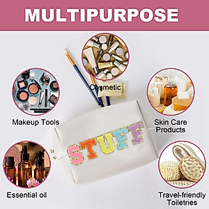 Burskit Preppy Patch Stuff Portable Makeup Bag Bulk Pu Leather Cosmetic Bag Waterproof Travel Organizer Zipper Pouch Storage Purse for Women Girls Gift (HZB-CS-stuff-1)