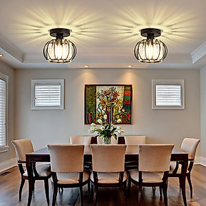 YYJLX 2 Pack Semi Flush Mount Ceiling Light Fixture Modern Small Crystal Chandelier Mini Indoor Ceiling Lamp for Bathroom Hallway Foyer Porch Hall Closet（Black）