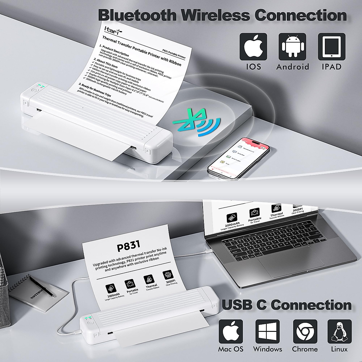 Itari P831 White Bluetooth Thermal Transfer Printer Kit, Portable Printers Wireless for Travel, 300DPI Inkless Printer with 2 Roll Exclusive Thermal Transfer Ribbon