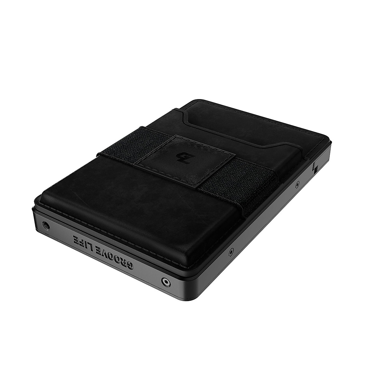 Groove Life Groove Wallet Gun Metal/Black Leather Go Mens Minimalist Aluminum Credit Card Holder, Magnetic Thumb Swipe, RFID Blocking, Magsafe, Genuine Leather Attachment, Lifetime Coverage