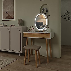 YOURLITE Makeup Vanity Desk with Lights,Small Vanity with Adjustable Brightness Mirror for Samll Spaces,Vanity Desk with Drawers (31.5", Oval Mirror Wood)