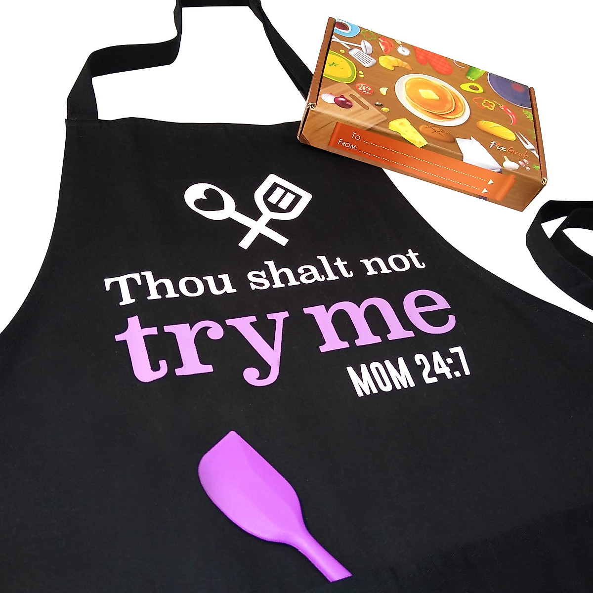 FixGrub Cooking Apron for Mom with Spatula and Gift Box, Funny Kitchen Apron with 3 Pockets, Mom Gift, Cute Apron, Mother's Day Gift (Thou Shalt Not Try Me)