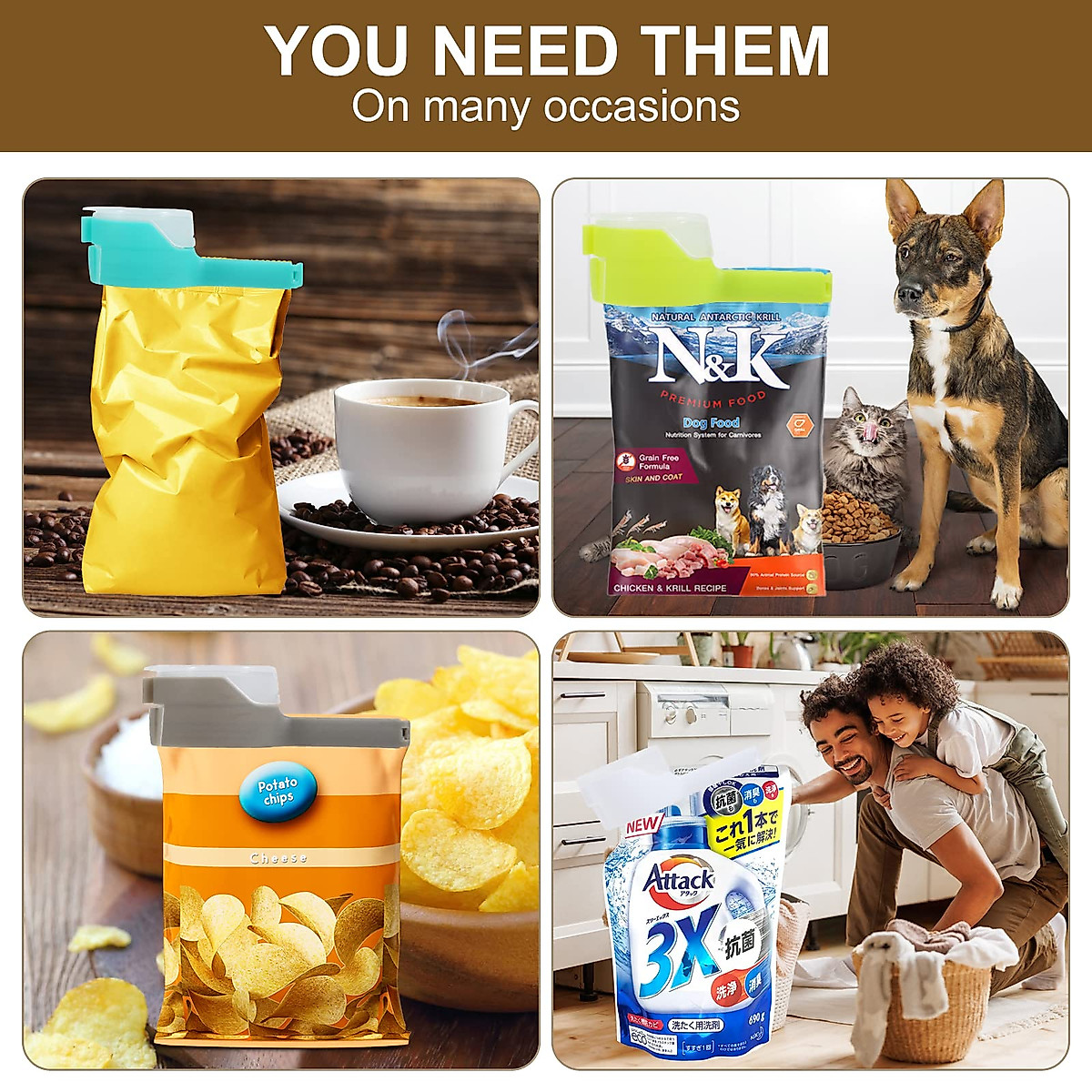 Moylie 4 Pack Bag Clips for Food Food Storage Sealing Clips with Pour Spouts,Food Sealing Bag Clips Plastic Bag Moisture Sealing Clamp,Great for Kitchen Food Storage and Organization