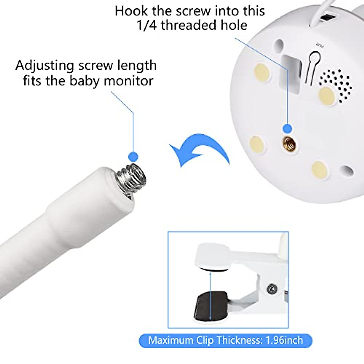 Gooseneck Baby Monitor Mount for Motorola, Owlet, VAVA, Arlo Baby Monitor and Most Universal Baby Monitor Camera, Flexible Baby Monitor Holder Without Tools or Wall Damage - White