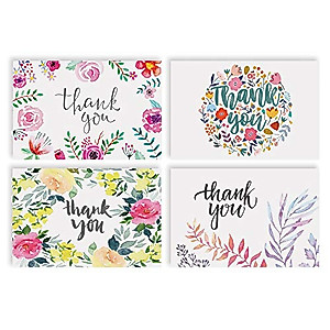 Thank You Cards with Envelopes (100 Pack), 4 Cover Designs, Blank Inside, by Better Office Products, All Occasions, Baby Showers, Graduation, and Weddings, Floral Collection, 100 Pack