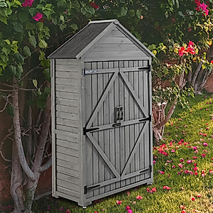 YHUBHSIS Wooden Storage Shed, Outdoor Storage Cabinet Tool Shed Wooden Garden Shed Waterproof Tool Storage Cabinet with Lockable Door, Wooden Garden Shed Outdoor Shed (Grey)