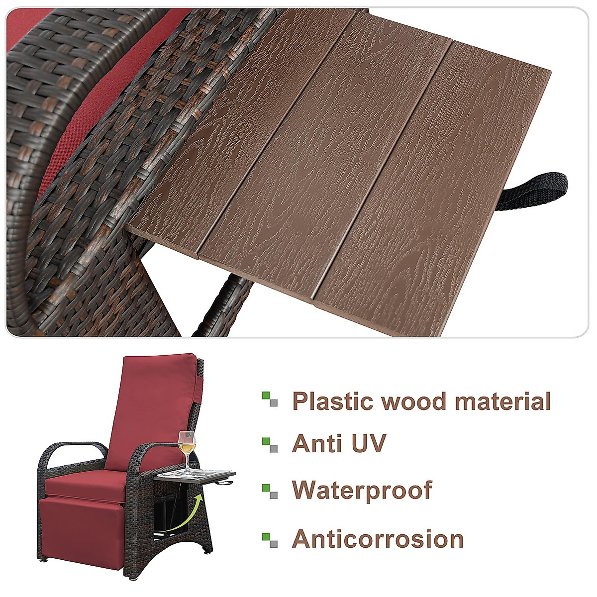 Art to Real Outdoor Recliners Set of 2 Patio Recliner Chair, Adjustable Reclining Lounge Chair and Removable Soft Cushion, Flip-up Side Table, Recliner Chair, Red