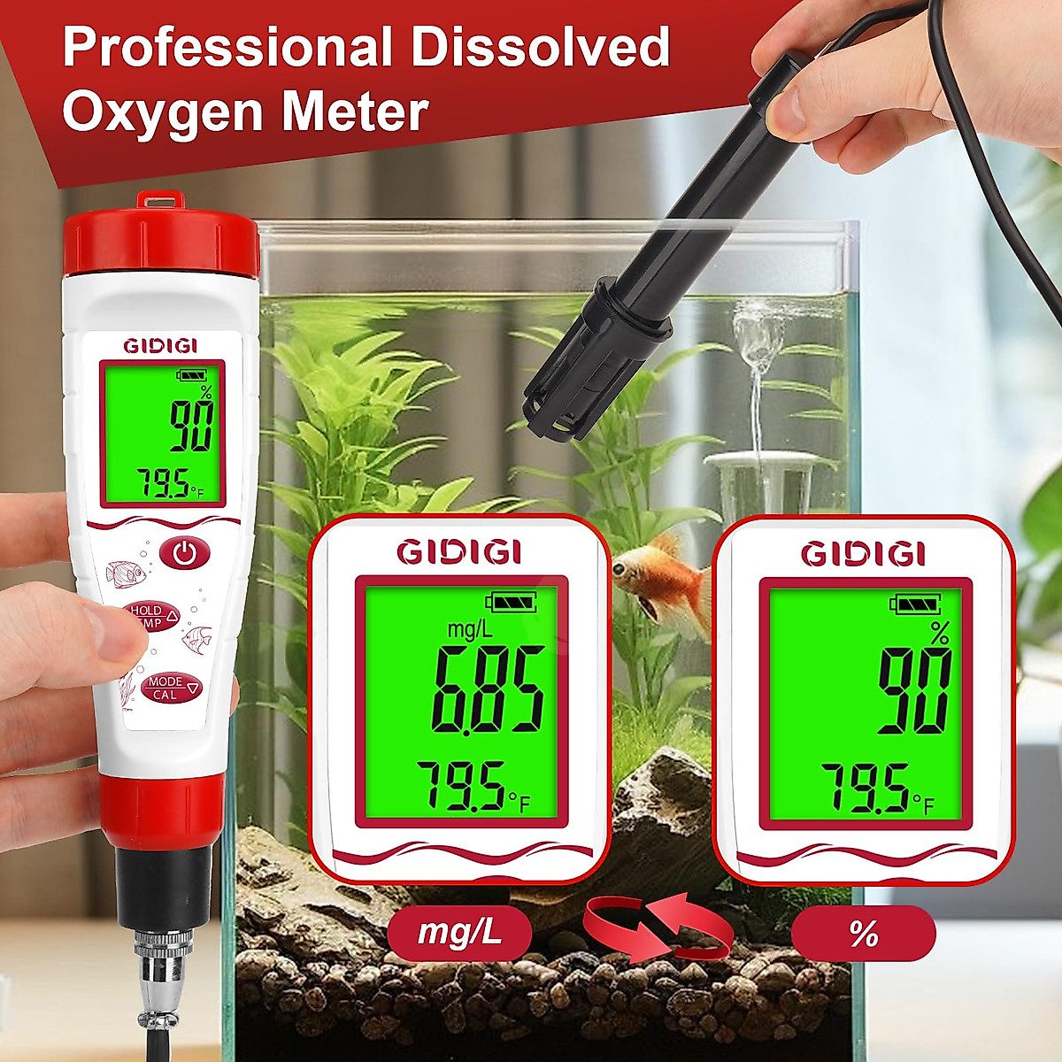 Digital Dissolved Oxygen Meter, GIDIGI Dissolved Oxygen Tester with ATC, DO Meter with 9.84ft DO Probe Cable, Dissolved Oxygen Test Kit for Aquarium, Ponds, Fish Tank Range 0.0‑40.0 Mg/L