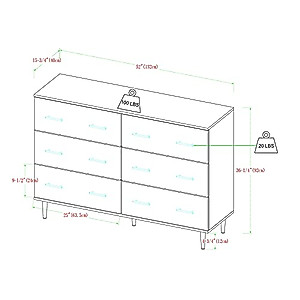 Walker Edison Mila Modern 6 Drawer Storage Buffet, 52 Inch, White and Rustic Oak