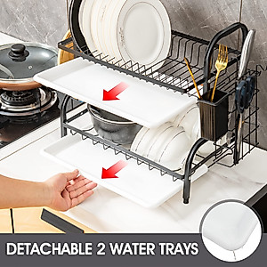 Supercenter Dish Drying Rack,2 Tier Dish Racks for Kitchen Counter with Drainboard,Rust-Resistant Drying Rack with Cutting Board Holder,Black