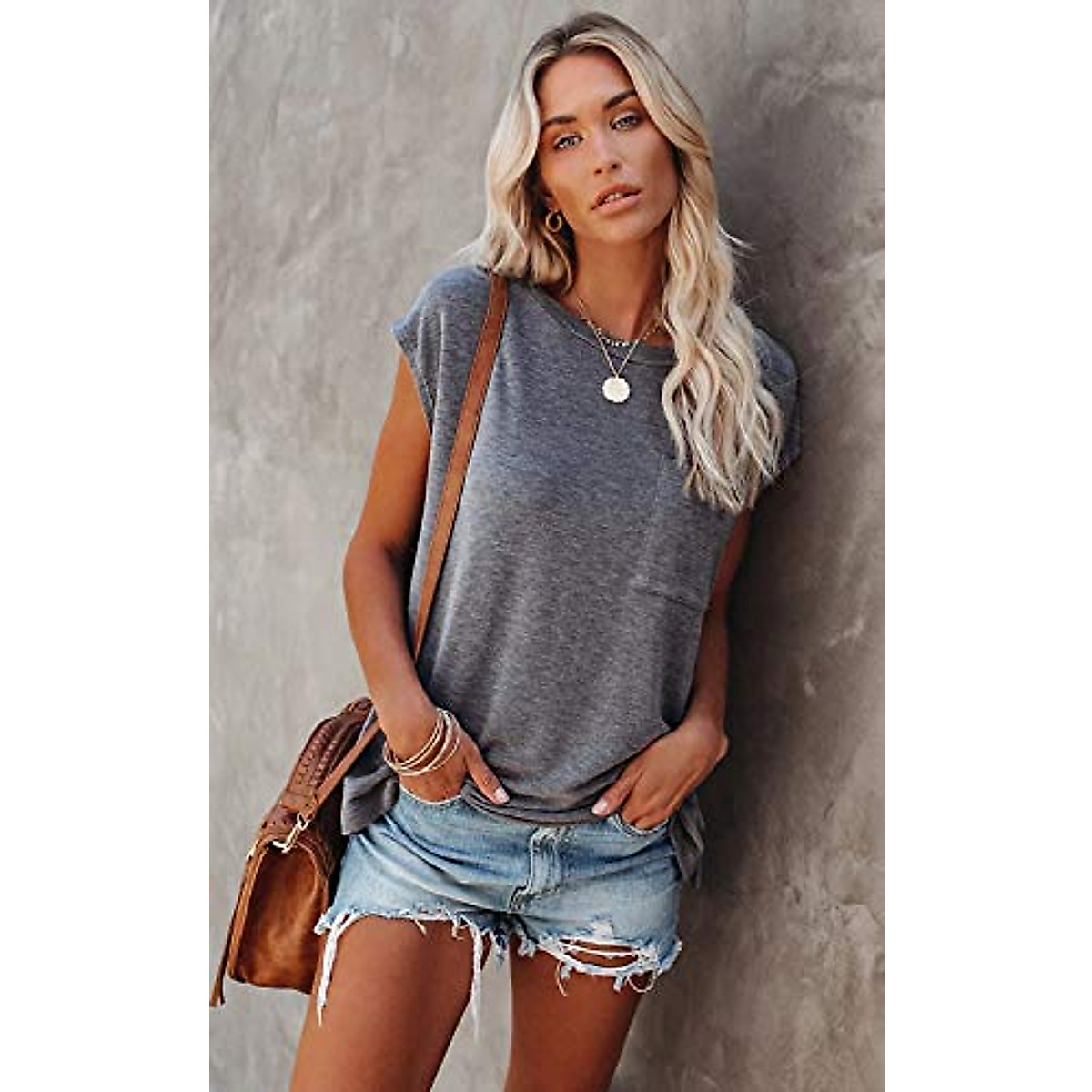 ANCAPELION Women’s Casual Summer Shirt Short Sleeve Cozy Grey Tunic T-Shirt Blouse Top Loose Fit Small