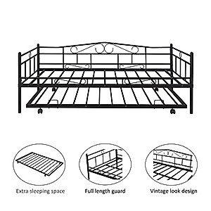 Lostcat Twin Size Daybed Bed with Trundle,Metal Bedframe with Safety Guardrails & Heavy Duty Steel Slat Support,for Kids Teens Adults.No Box Spring Needed (Black)